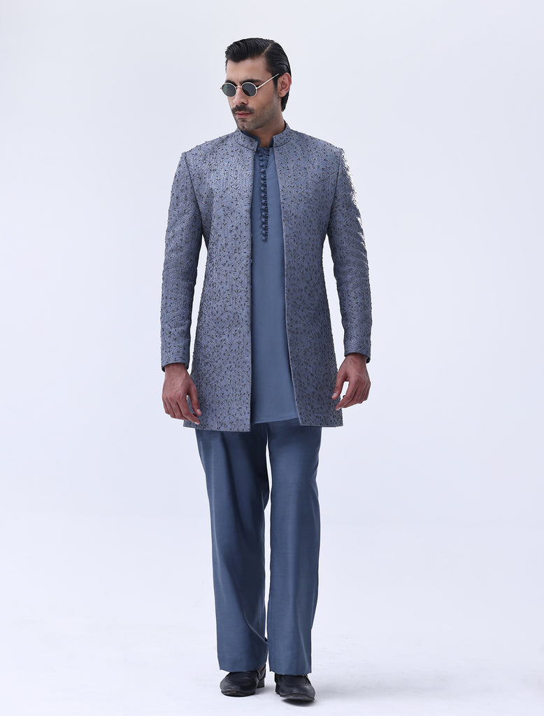 MEDIUM BLUE INTRICATE EMBROIDERED PRINCE COAT – Ismail Farid
