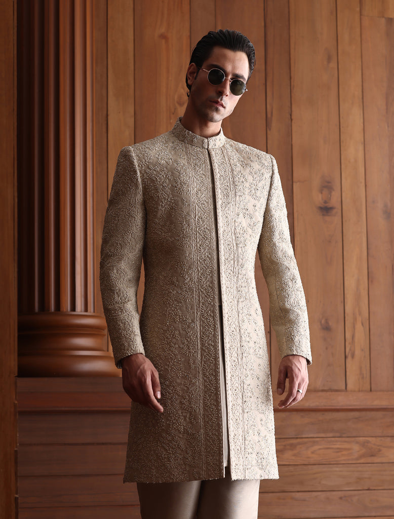 FAWN SHORT LENGTH HAND EMBROIDERED SHERWANI – Ismail Farid