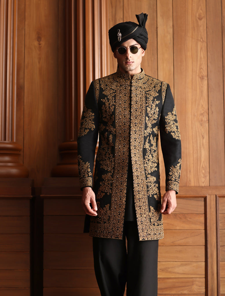 BLACK HAND EMBROIDERED SHORT LENGTH SHERWANI – Ismail Farid