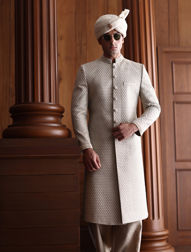 IVORY EMBROIDERED SHERWANI CRAFTED ON TAUPE RAWSILK – Ismail Farid