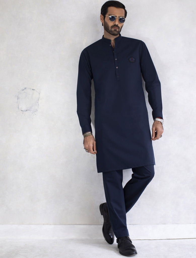NAVY LOGO EMBELLISHED KURTA PAJAMA – Ismail Farid Pakistan