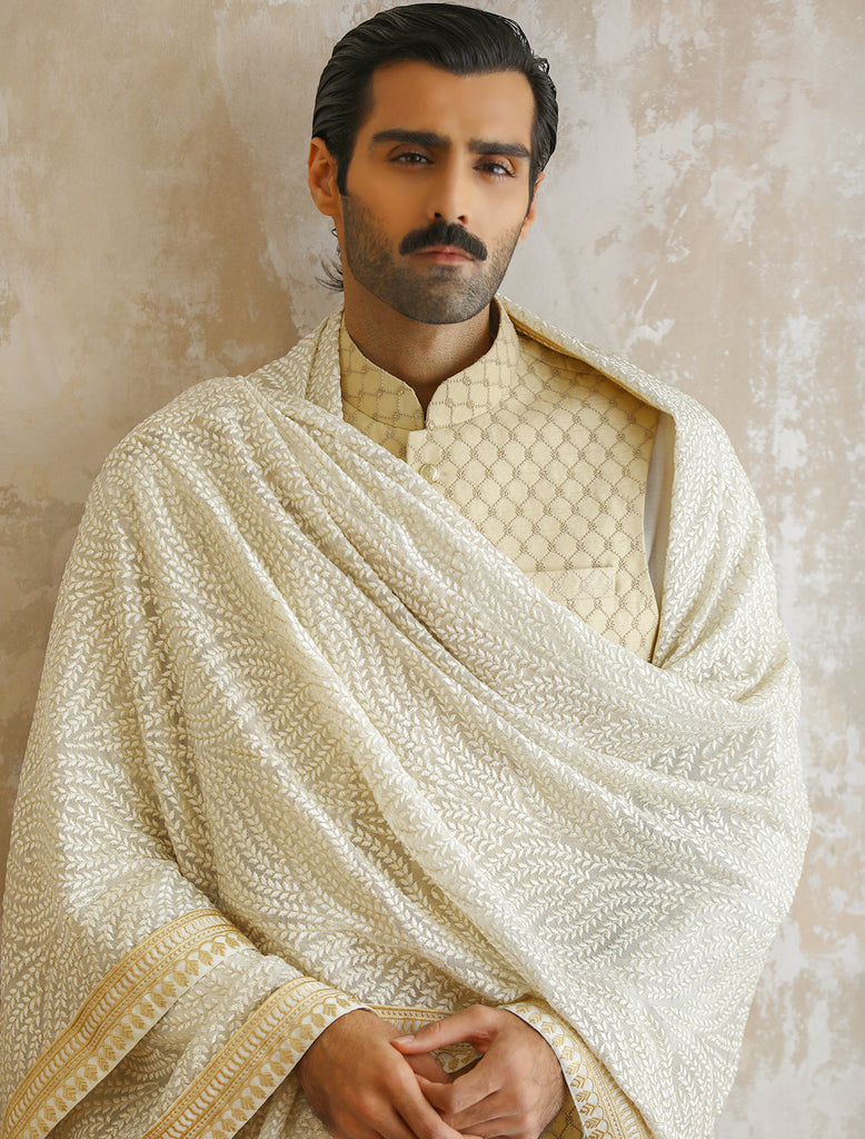 OFF-WHITE HEAVY EMBROIDERED SHAWL – Ismail Farid