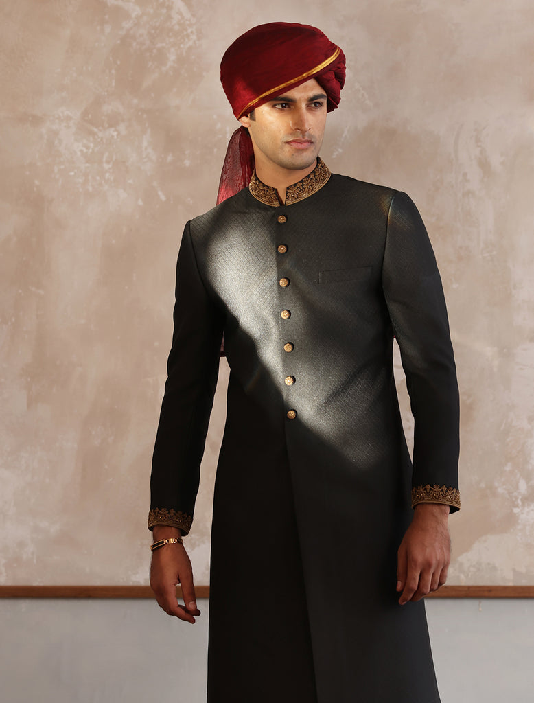 CLASSIC BLACK MESH EMBROIDERED SHERWANI – Ismail Farid Pakistan