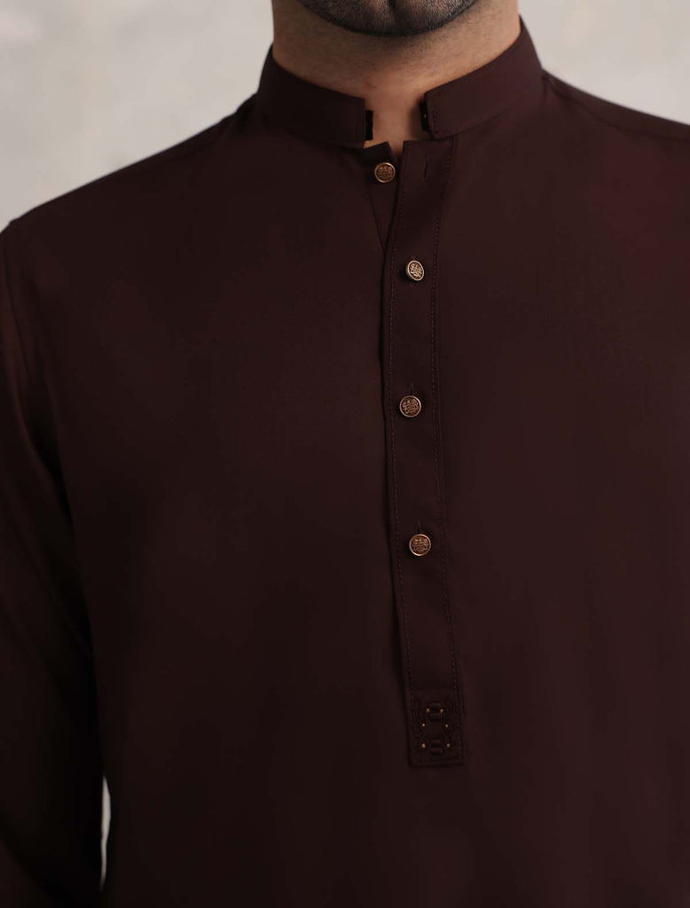 MAROON MANDARIN COLLAR KAMEEZ SHALWAR – Ismail Farid