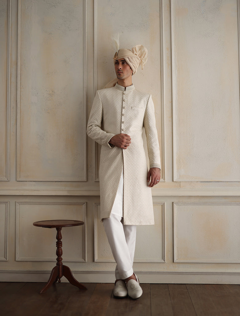 LIGHT BEIGE EMBROIDERED SHERWANI – Ismail Farid