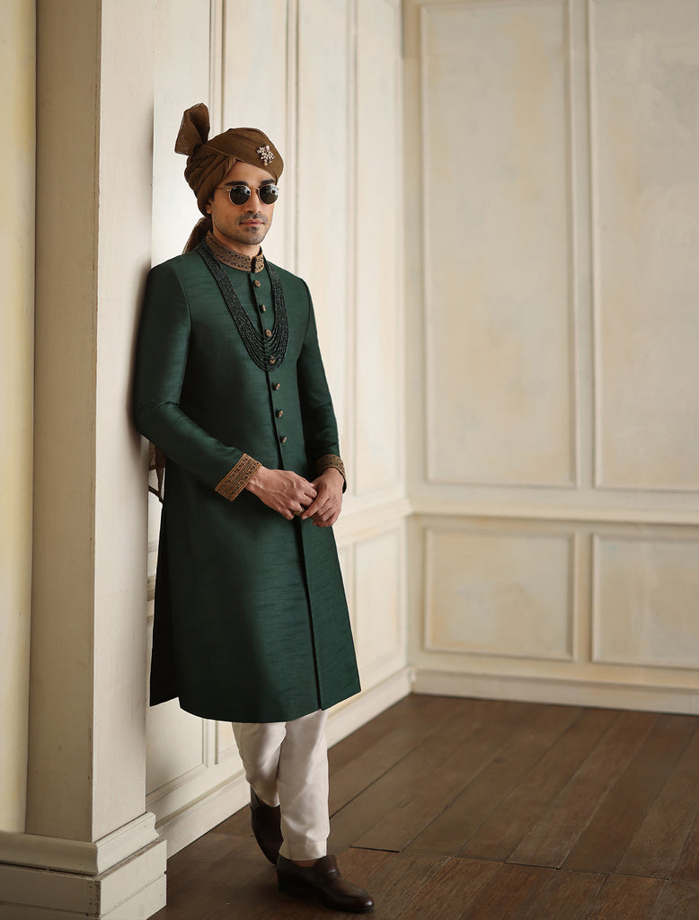 EMERALD GREEN RAW SILK SHWERWANI – Ismail Farid